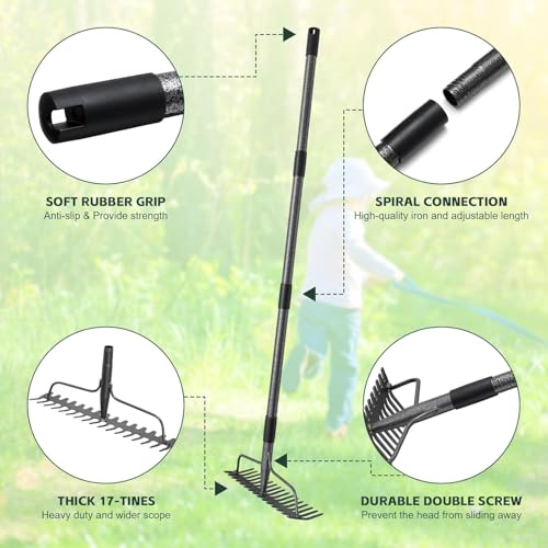 Bow Rake, Metal Rake with 17 Tines, Heavy Duty Garden Rake with ...