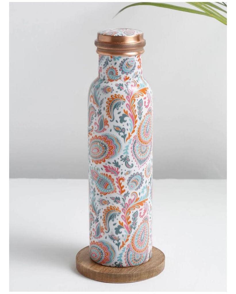 TUWEL White Ethenic Copper Water Bottle 1 litre - Printed Copper Bottle ...