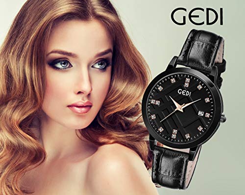 Gedi Sparkling Diamond Cut Date Display Red Strap Women's Watch (Black ...