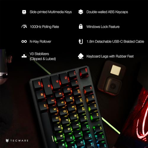 TECWARE Phantom+ 87 Key Mechanical Gaming Keyboard, RGB led, TKL 75% Keyboard, Thocky Sounding ...