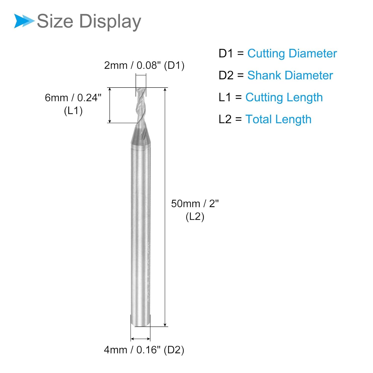CoCud Square Nose End Mill, 2mm x 6mm Cutting 4mm Shank, M30 Micro ...