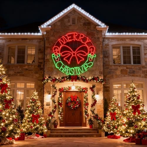 Amazon.com: Rossesay Outdoor Lighted Merry Christmas Bow Sign ...