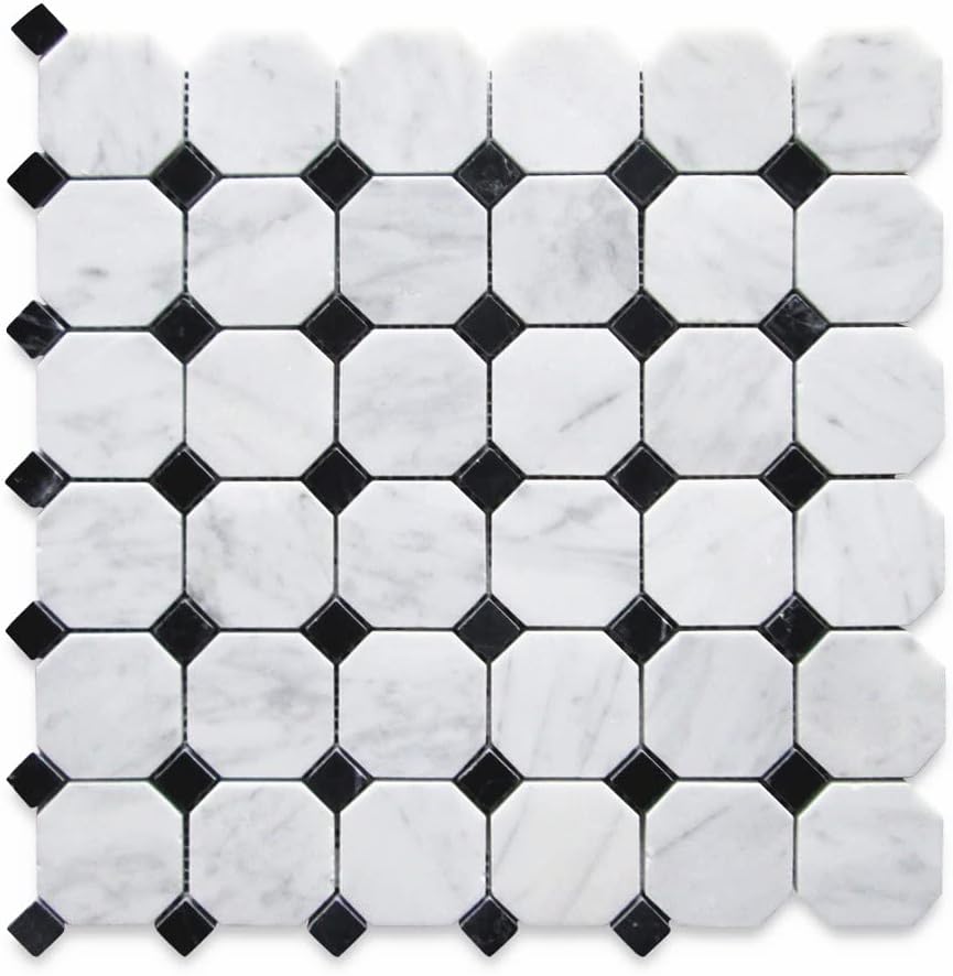 Stone Center Online Carrara White Marble Plaid Tartan Mosaic Tile w ...