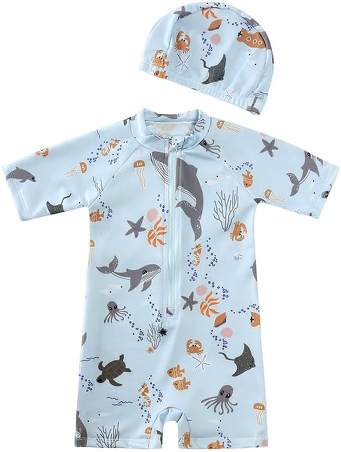 Amazon.co.jp: [naokao] キャップ付き! キッズ水着 帽子付き 2点セット ロンパース 水遊び UVカット ツリー柄 半袖 ...