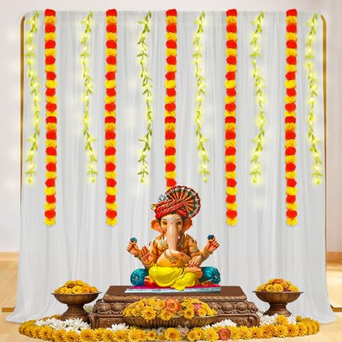 Party Propz White Net Backdrop for Pooja Decoration with Leaf Lights ...