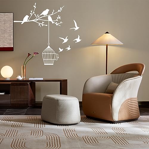 SUPERDANT White Branches Wall Sticker White Birds with Cage Wall Decal ...