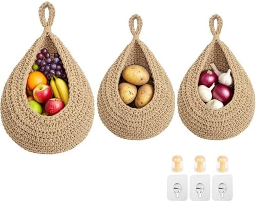 Hanging Fruit Baskets for Kitchen, 3 Pack Boho Cotton Rope Handwoven ...
