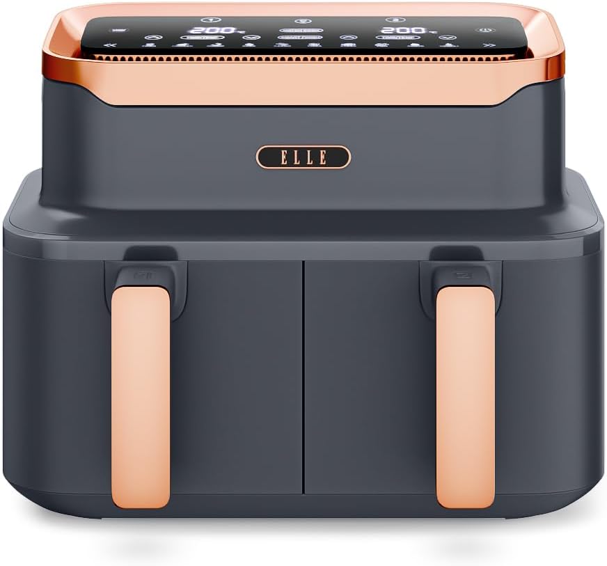 ELLE Dual Air Fryer Triple Air Fryer in Grey with Rose Gold, 10-in-1 ...