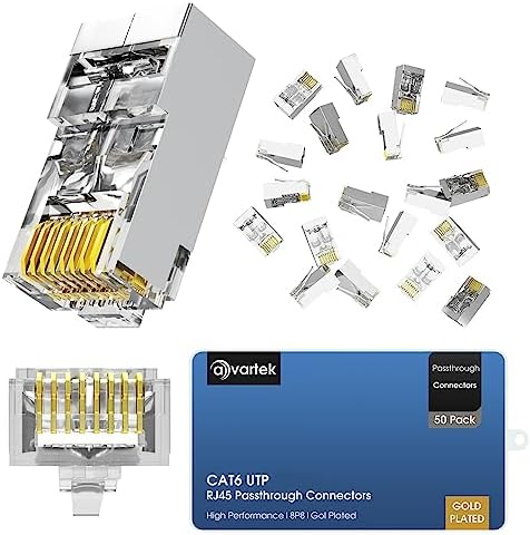 VCE RJ45 Connector Pass Through Cat6 25 Pack, Ethernet RJ45 Plug Gold ...