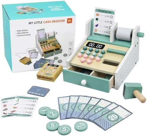 Wooden Cash Register Toy for Kids, Pretend Play Set with Scanner, Card ...