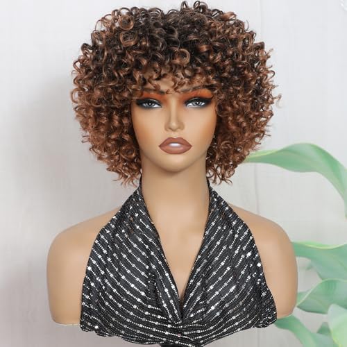 Amazon.com : UGORGEOUS Short Kinky Curly Wigs With Bangs for Black ...