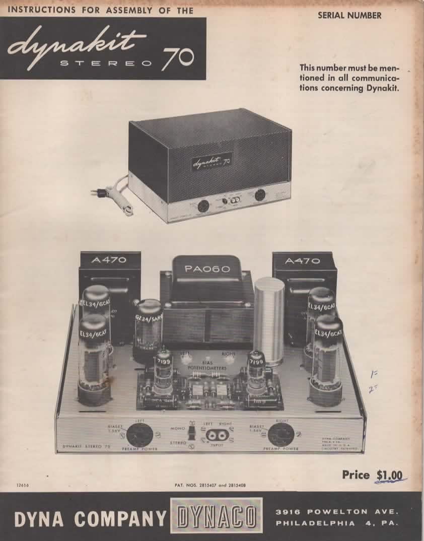 Instruction Manual for Assembly of Dynakit Stereo 70, Dual 35 Watt Tube ...