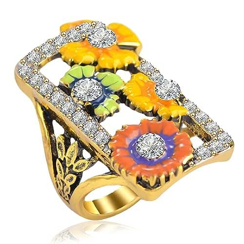 Amazon.com: Unique Big Rectangle Resin Enamel Flower Wide Funky Ring ...