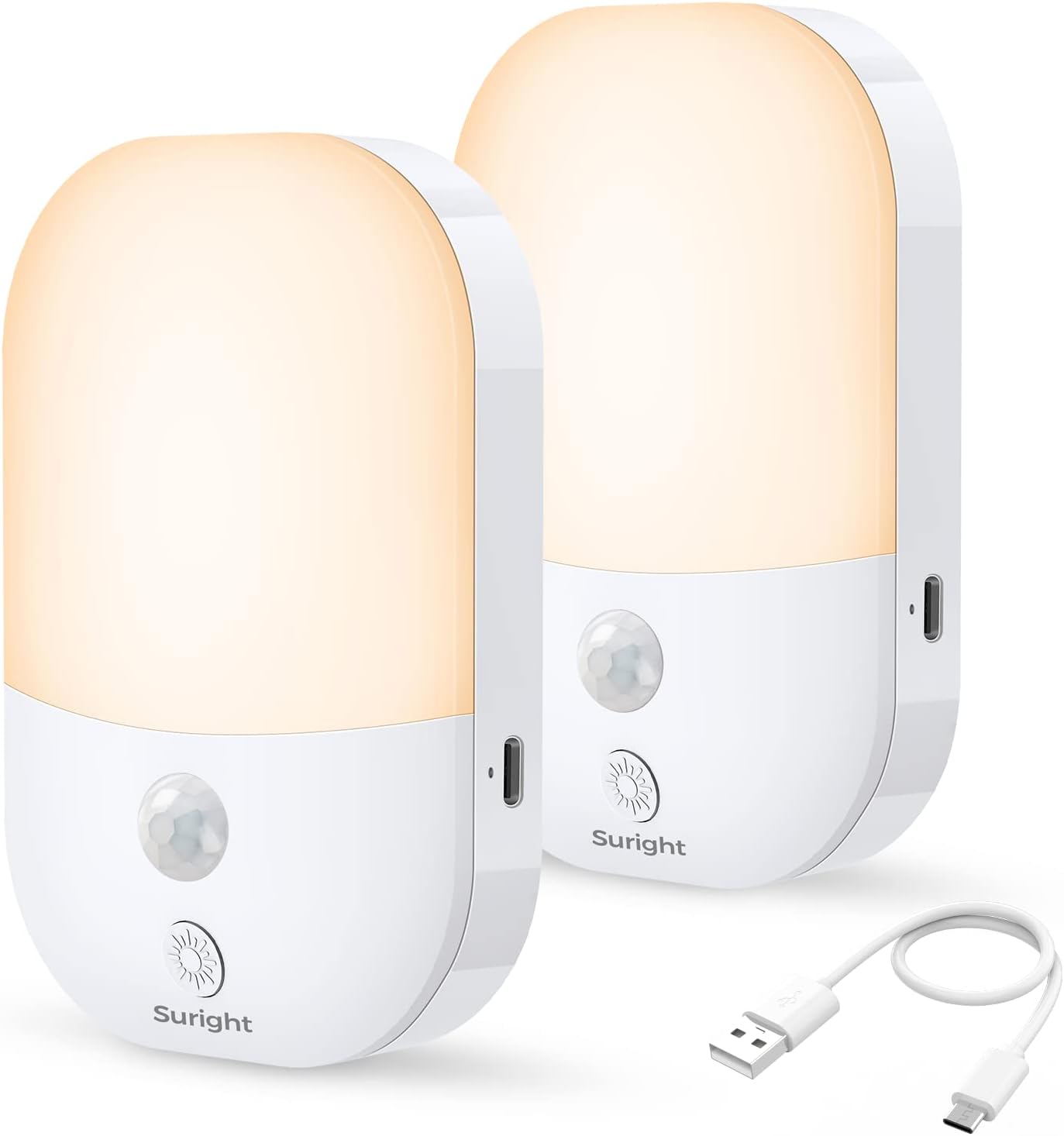 Suright LED Night Light, 2 Pack Type-C Rechargeable Motion Sensor Light ...