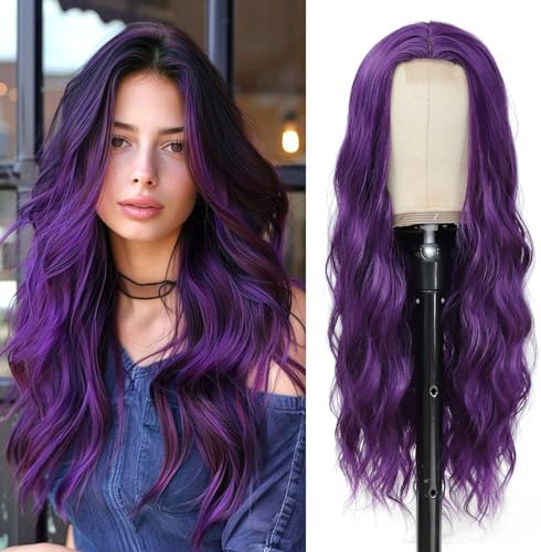 Amazon.com : YBYMCAI Long Purple Wavy Wigs for Women Middle Part Dark Purple Wig 26 inch Natural ...