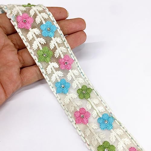 Lami 9 Meter Multicolor Flower Creeper Design White Embroidery Lace ...