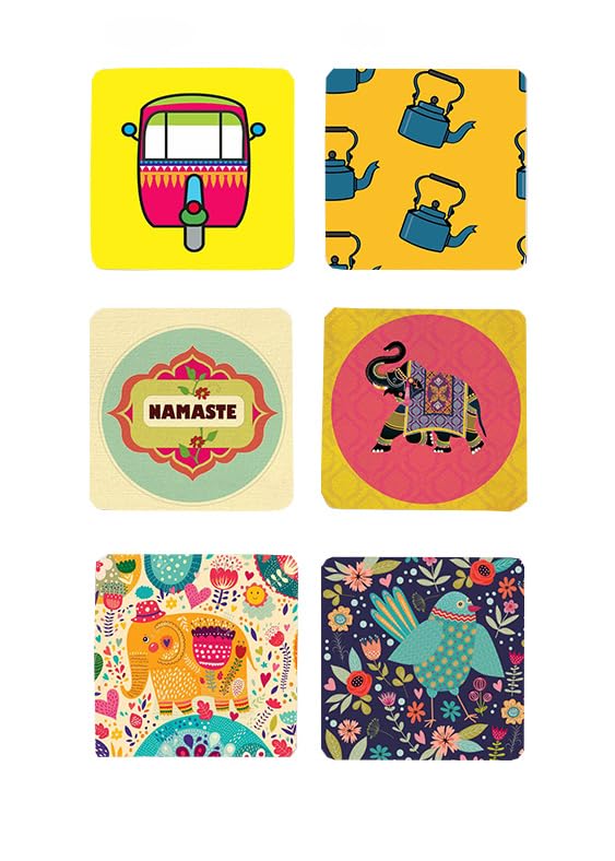 TAJNAN Indian Art Printed Coaster Set of 6 Beautiful Wooden Coasters ...