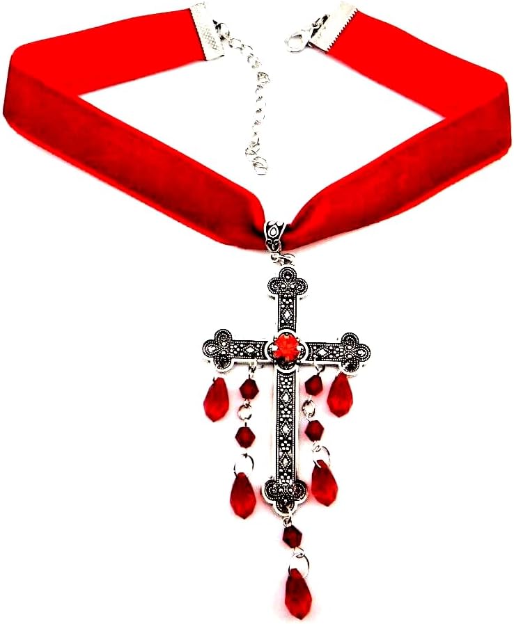 Amazon.com: Red Drippy Gothic Cross Pendant on Velvet Choker large ...