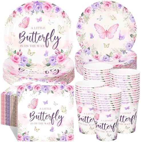 Amazon.com: Ziliny 250 Pcs Butterfly Baby Shower Party Tableware Set A ...