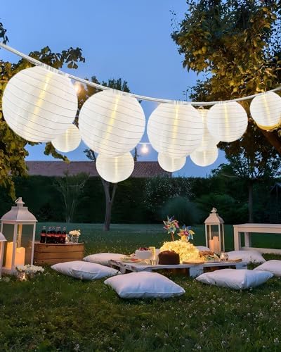 20 ft Long White Paper Lanterns String Lights 9 Pcs 10 Inch Round White ...