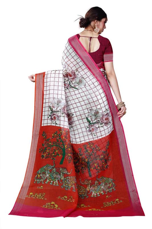 Buy Punit Creation Women's Cotton Linen Saree with Blouse Piece (White ...