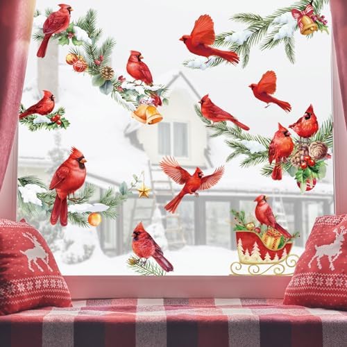 Amazon.com: Winter Cardinals Window Clings 9 Sheets Christmas Red ...
