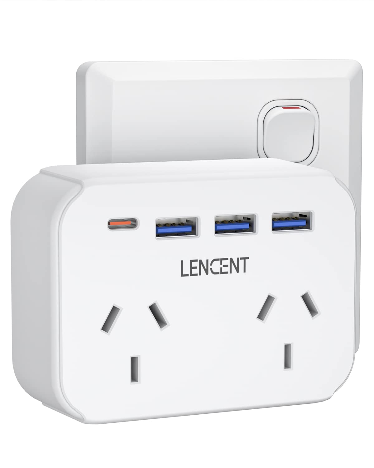 LENCENT USB Plug Extension, Type-C & 3 USB A Ports, 2 Way Socket ...
