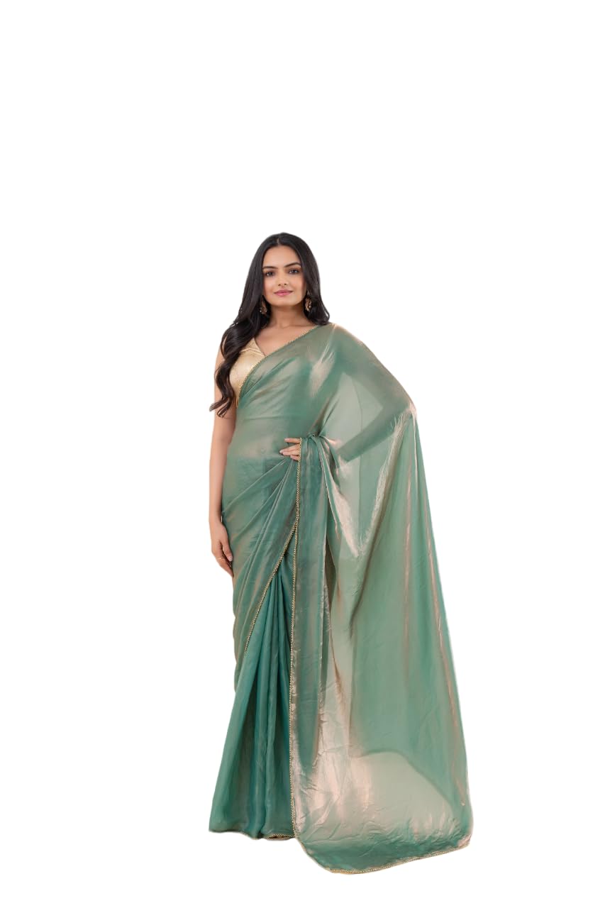 AARZA Lustrous Tissue Silk Embellished Lace Work Ready To Wear Saree ...