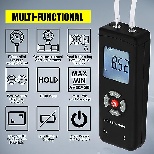 Digital Manometer, Handheld Air Pressure Meter, Dual-Port Manometer ...