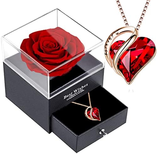 Preserved Real Rose Box with Austrian Crystal Necklace,Eternal Red Rose ...