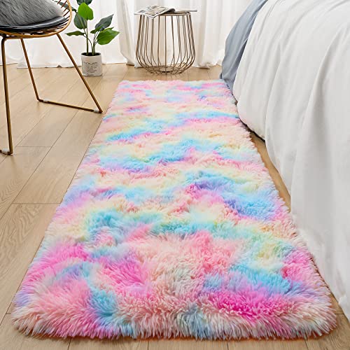 Snapklik.com : QXKAKA 2X6 Rainbow Area Rugs For Bedroom Girls Fluffy Carpet