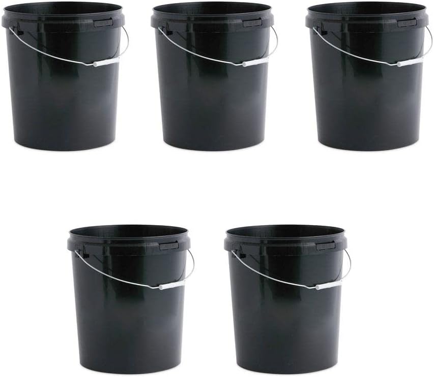5 X 25 Litre Black Plastic Buckets with LIDS and Metal Handle, Hard ...