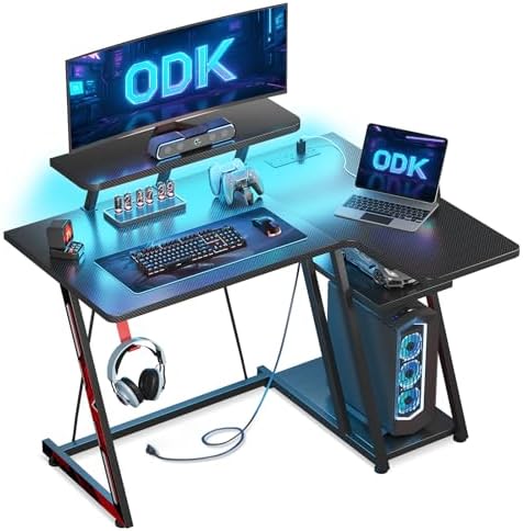 ODK Gaming Desk with LED Lights, L Shaped Gaming Desk with Power Outlet, Corner Desk with ...