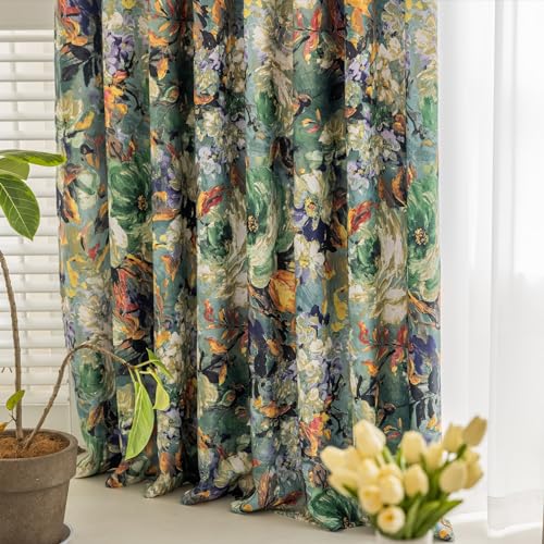 Vintage Painting Dark Green Floral Curtains