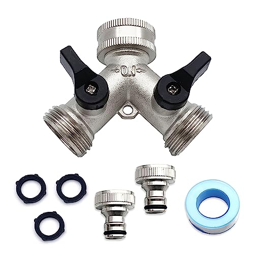 Zueyen 2 Way Y Splitter, 3/4 Inch Nickel Plated Brass Taps, with 2 Hose ...