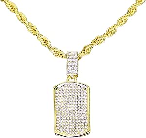 Amazon.com: Small Icy Dog Tag Pendant Cz 14k Gold Plated 24" Rope Chain ...