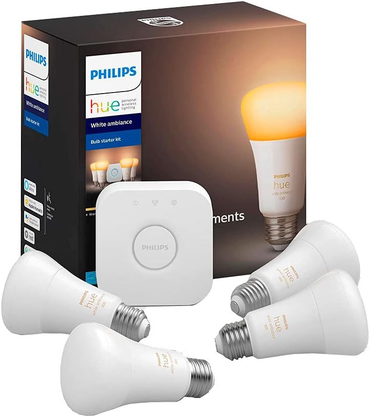 Philips Hue White Ambiance Smart Bulb Starter Kit (4 A19 Bulbs and 1 ...
