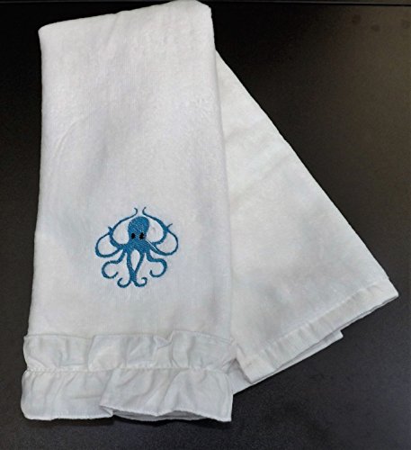 Amazon.com: Embroidered Octopus Ruffled Hand Towel - White and Aqua ...