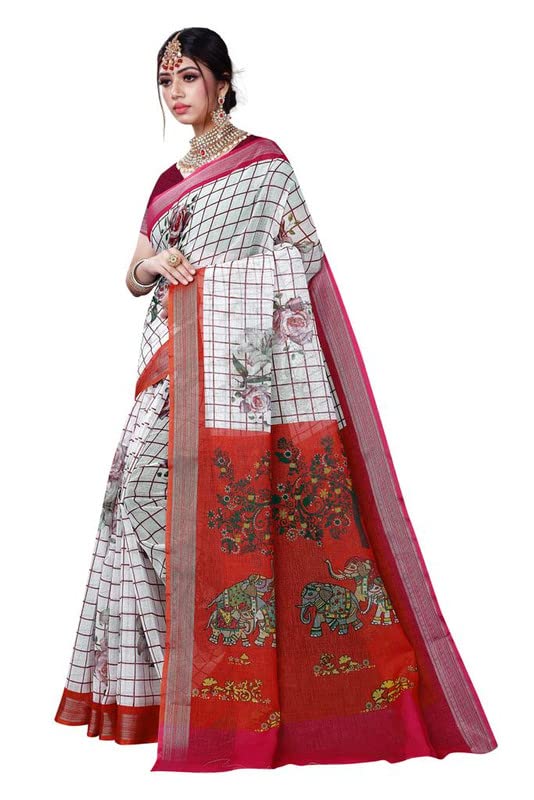 Buy Punit Creation Women's Cotton Linen Saree with Blouse Piece (White ...