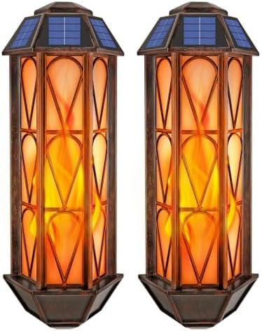 Dynaming 2 Pack Solar Flame Wall Lanterns Outdoor, Solar Powered Wall ...