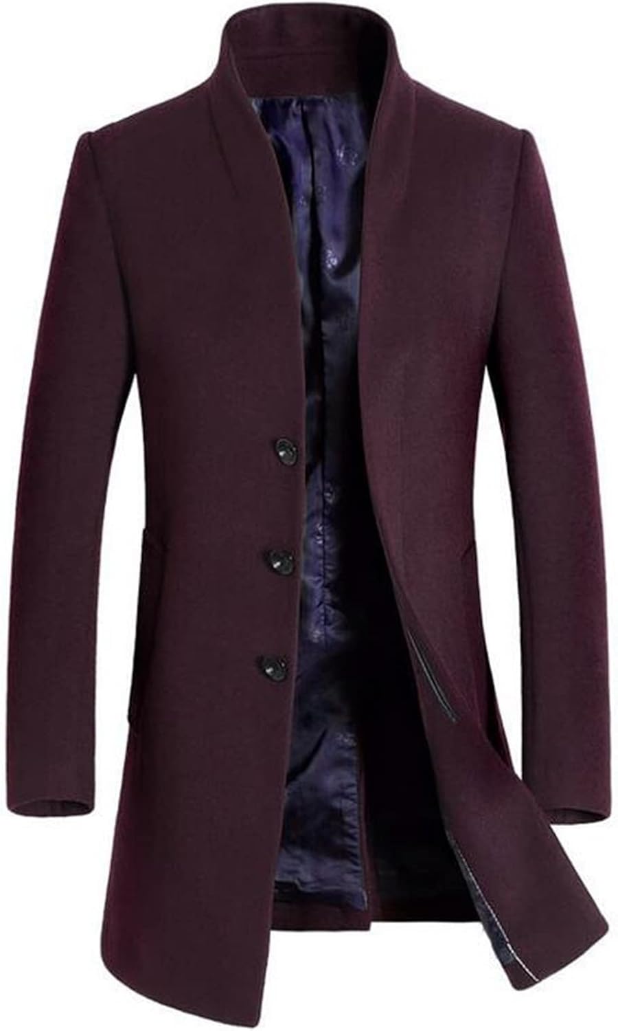 Amazon.com: Mens Woolen Overcoat Solid Mid Long Wool Blend Stand Collar ...