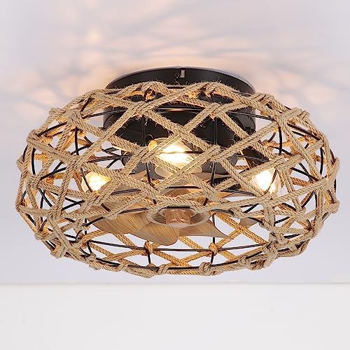 Rattan Dimmable Ceiling Fans with Lights and Remote Control, 4-Light 15 ...