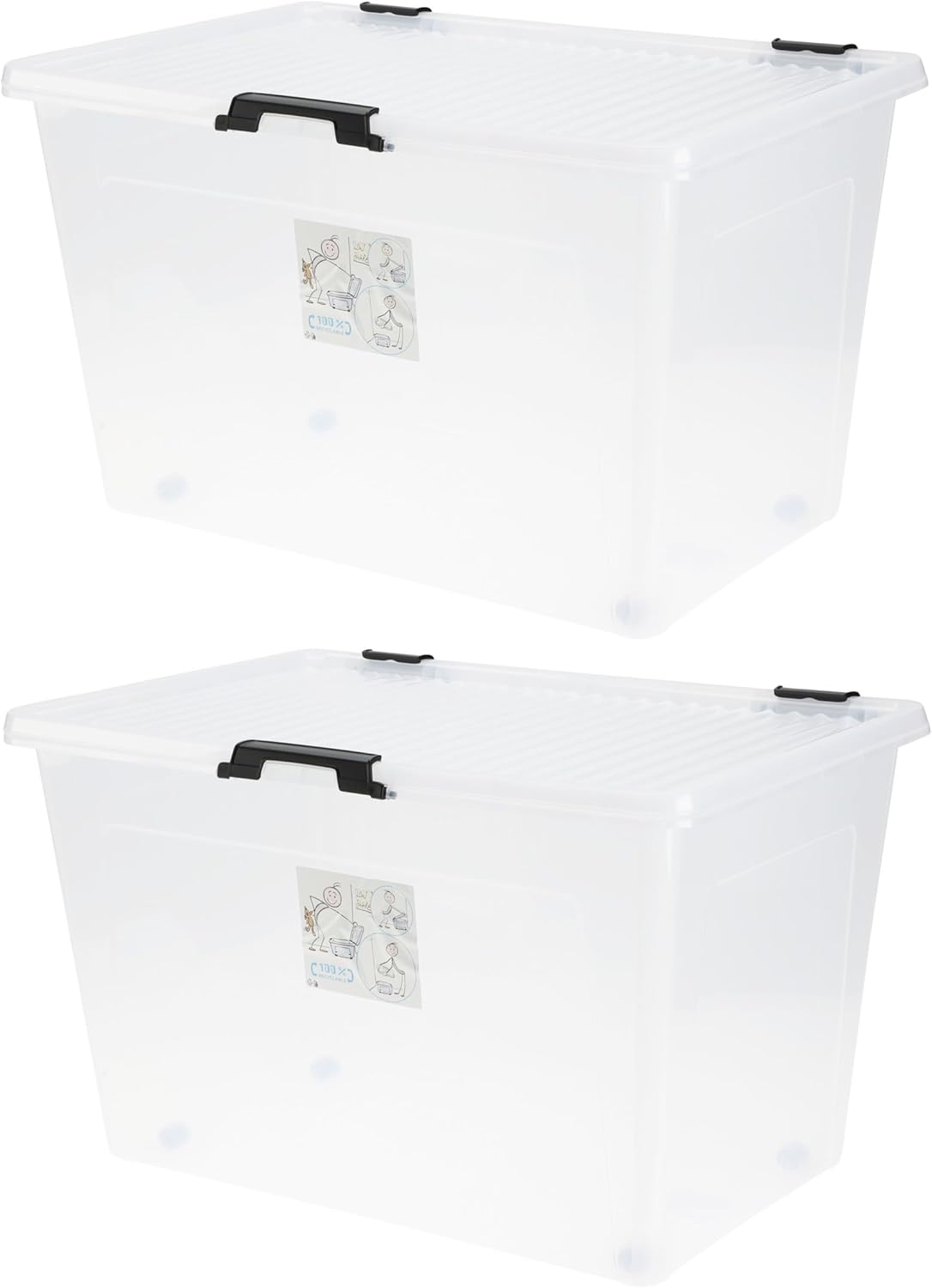 Muddy Hands Pack of 2-80 Litre Large Clear Plastic Storage Boxes with Lids & Wheels Stackable ...