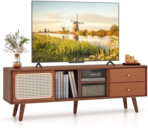 Amazon.com: Giantex Bamboo TV Stand for TVs up to 65”, PE Rattan Media ...