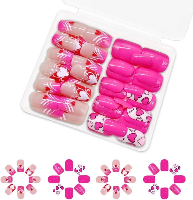 Amazon.com: 48Pcs Valentine's Day Press on Nails Short Square Fake ...