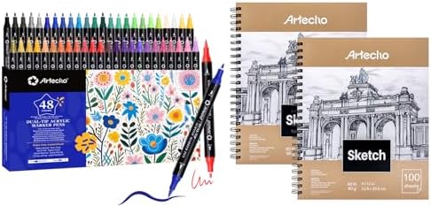 Amazon.com: Artecho Acrylic Paint Pens 48 Colors Sketch Book 9 x 12 Inch, 2×100 Sheets 90gsm ...