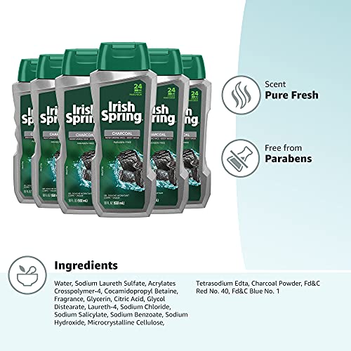 Irish Spring Charcoal Men's Body Wash, Pure Fresh - 18 Fluid Ounce (6 Pack)