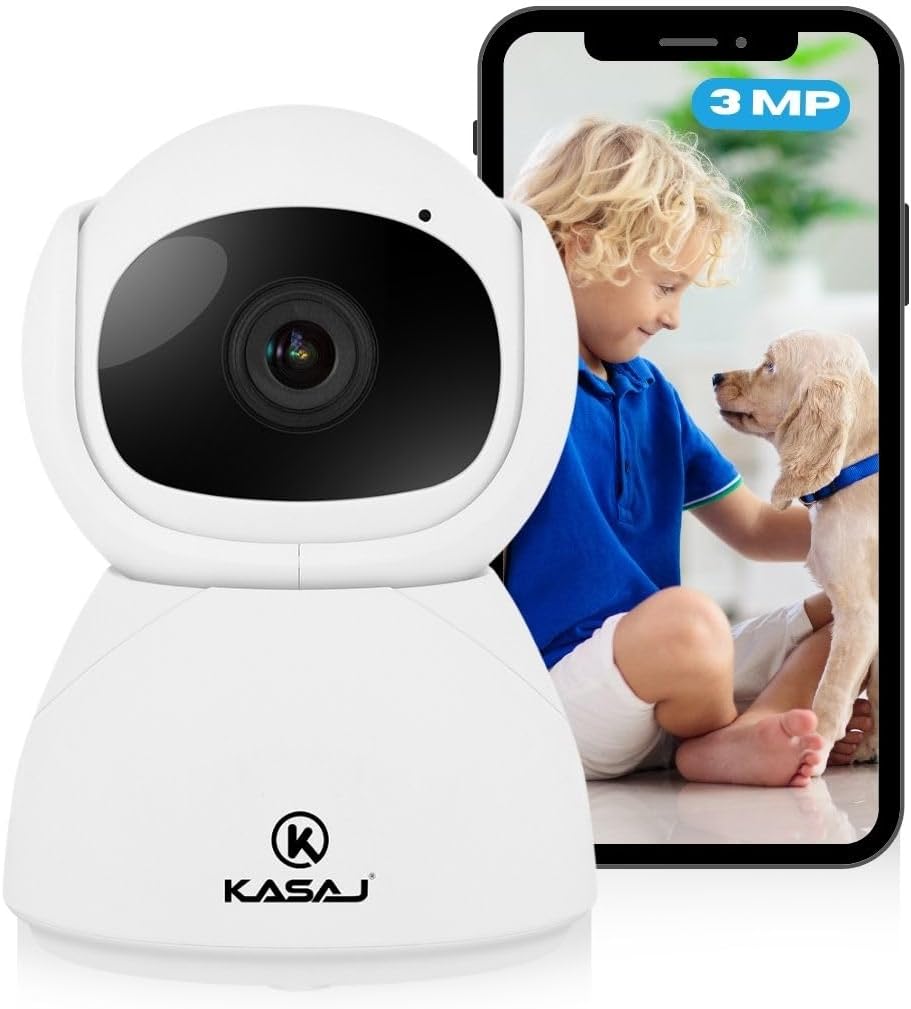 KASAJ 3MP WiFi Security Camera Indoor for Dog, Cat, Baby Monitor, 360° Home Security Pet Camera ...