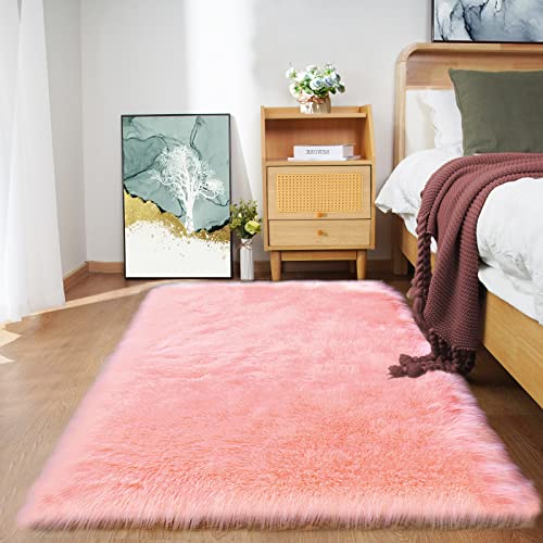 Amazon.com: Goolela Pink Rugs for Bedroom Girls Washable Faux Fur Rug ...