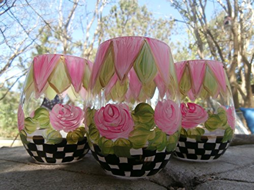 Amazon.com: Hand painted pink rose/checks stemless wine goblets. set/4 ...